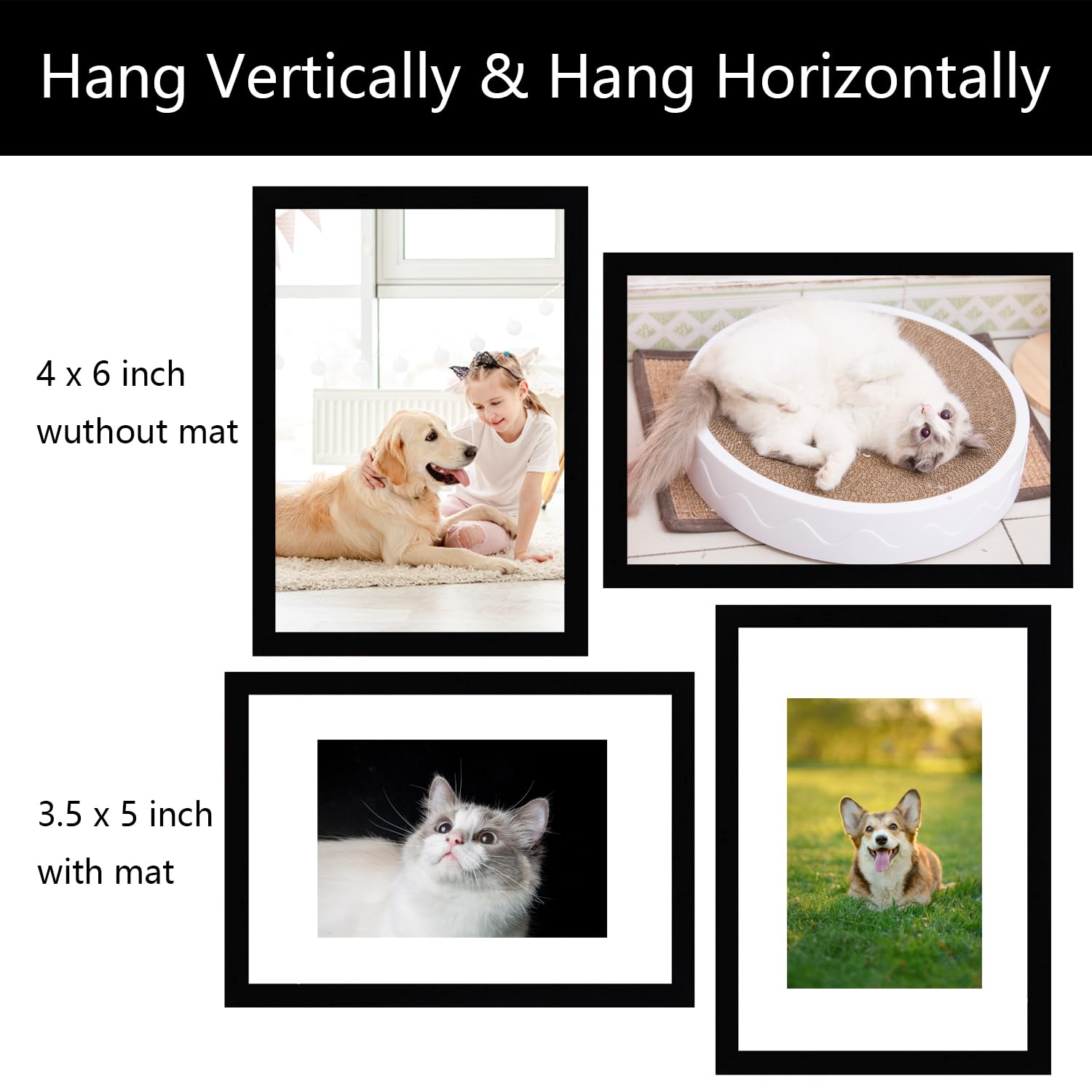 BOANKODU 11x14 Picture Frame Set of 2, Made of High Definition Transparent Plastic for 11x14 Without Mat or 8x10 with Mat, Wall Mounting Photo Frames, Black
