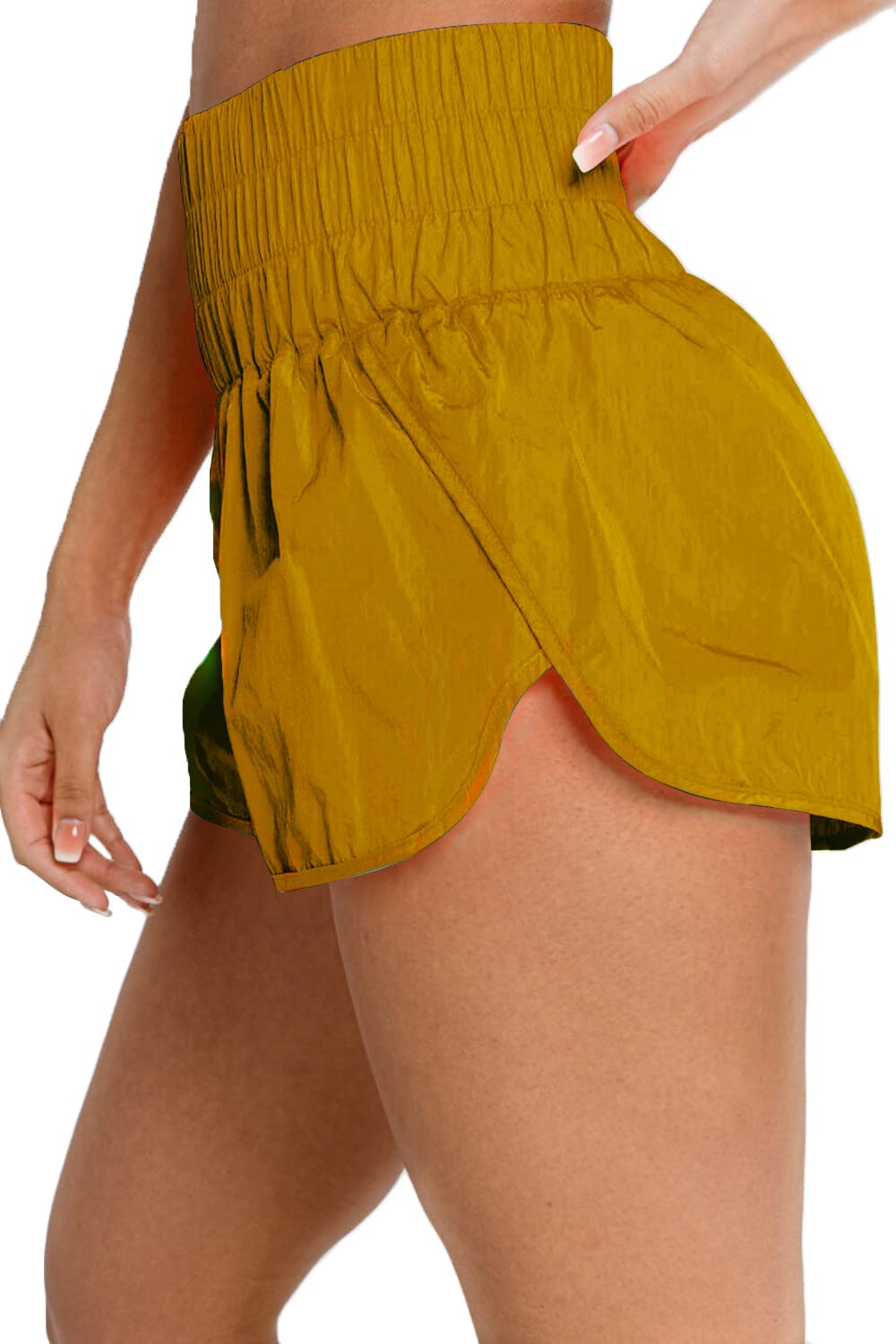 BOOSOULY Women's Quick-Dry Running Shorts Loose Fit Side Splits Workout Sport Layer Active Shorts Yellow S