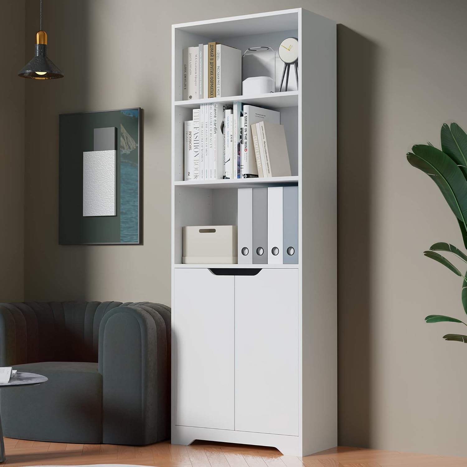 Cozy Castle Bookcase with Doors, 67" Bookshelf with Storage, Freestanding Book Shelf Door for Bedroom, Living Room, Office, White