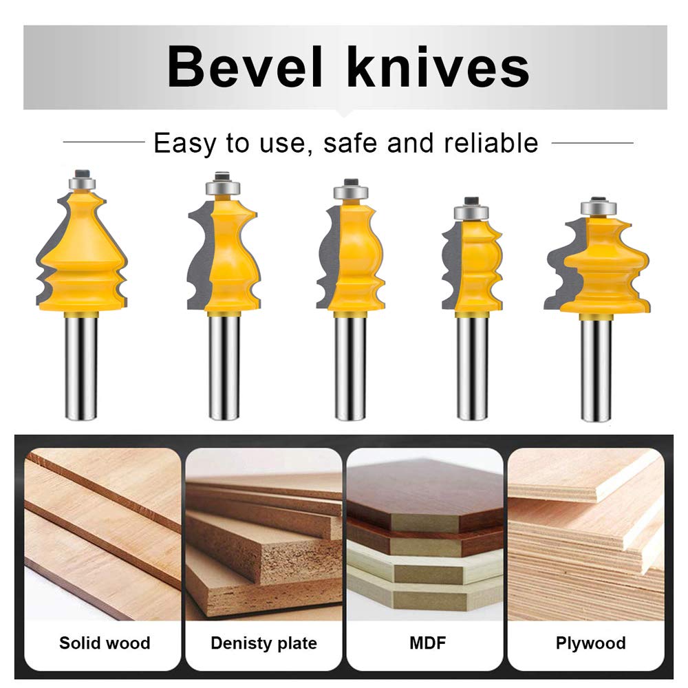 LEATBUY Architectural Molding Router Bit Set 1/4-Inch Shank 5 PCS, Corner Rounding Edge-Forming Woodworking Beading Router Bits Sets Tool Wood Table Door Cabinet Cutter(1/4-Line)