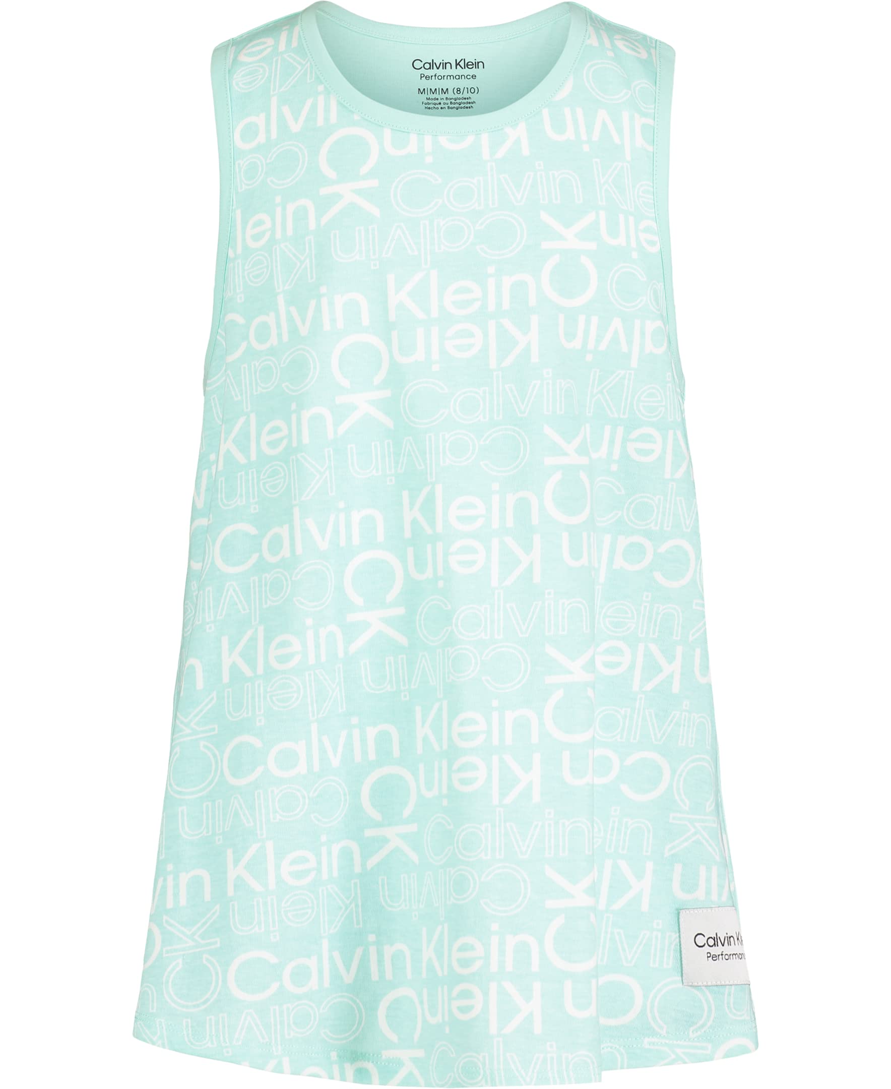 Calvin Klein Girls' Performance Tank Top, Sleeveless & Crew-Neck Neckline, Logo Detailing, Beach Glass Logo, 16