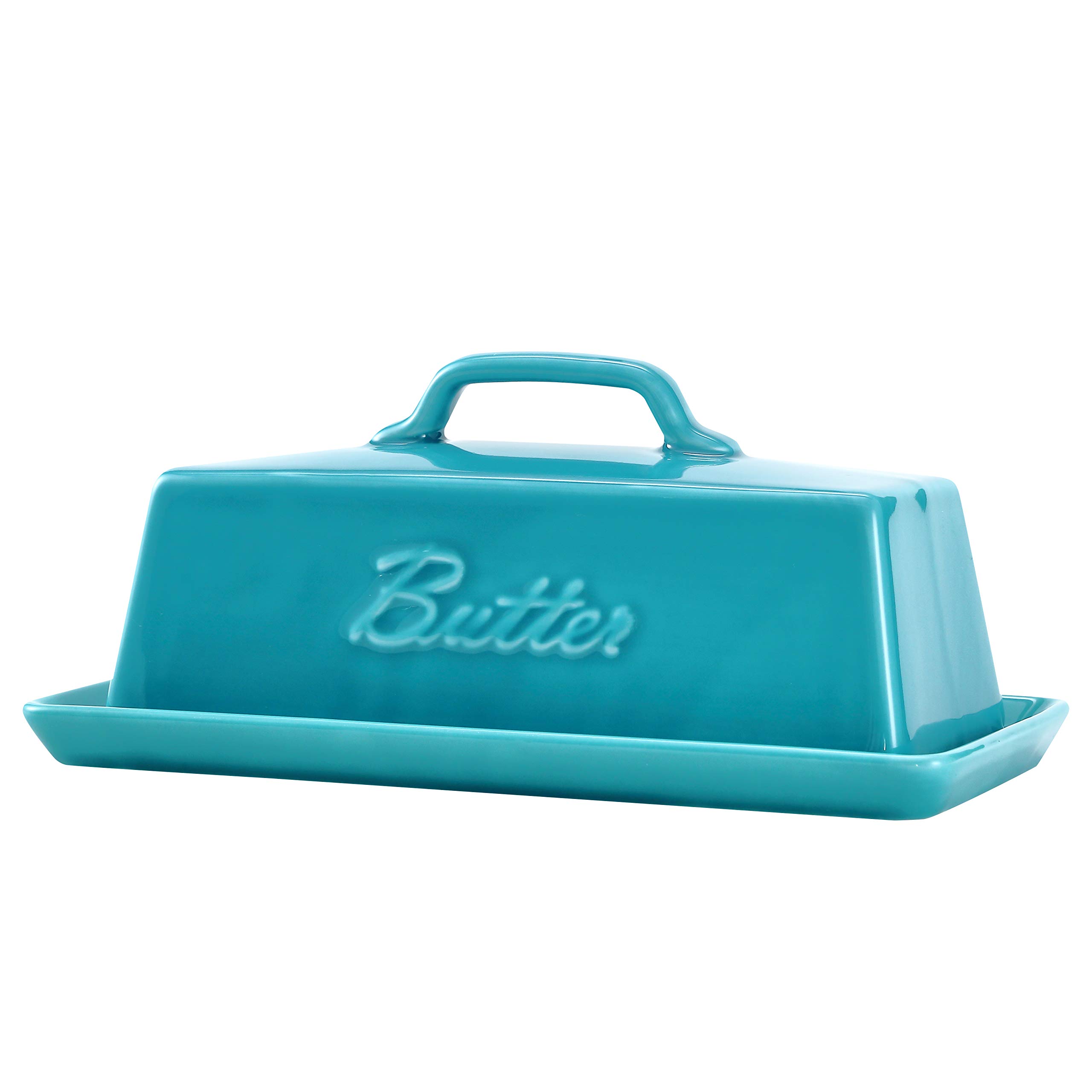 Bruntmor Porcelain Butter Keeper With Handle Cover, French Butter Dish Ceramic Butter Holder Container for Countertop, Butter Dish with Lid, Teal