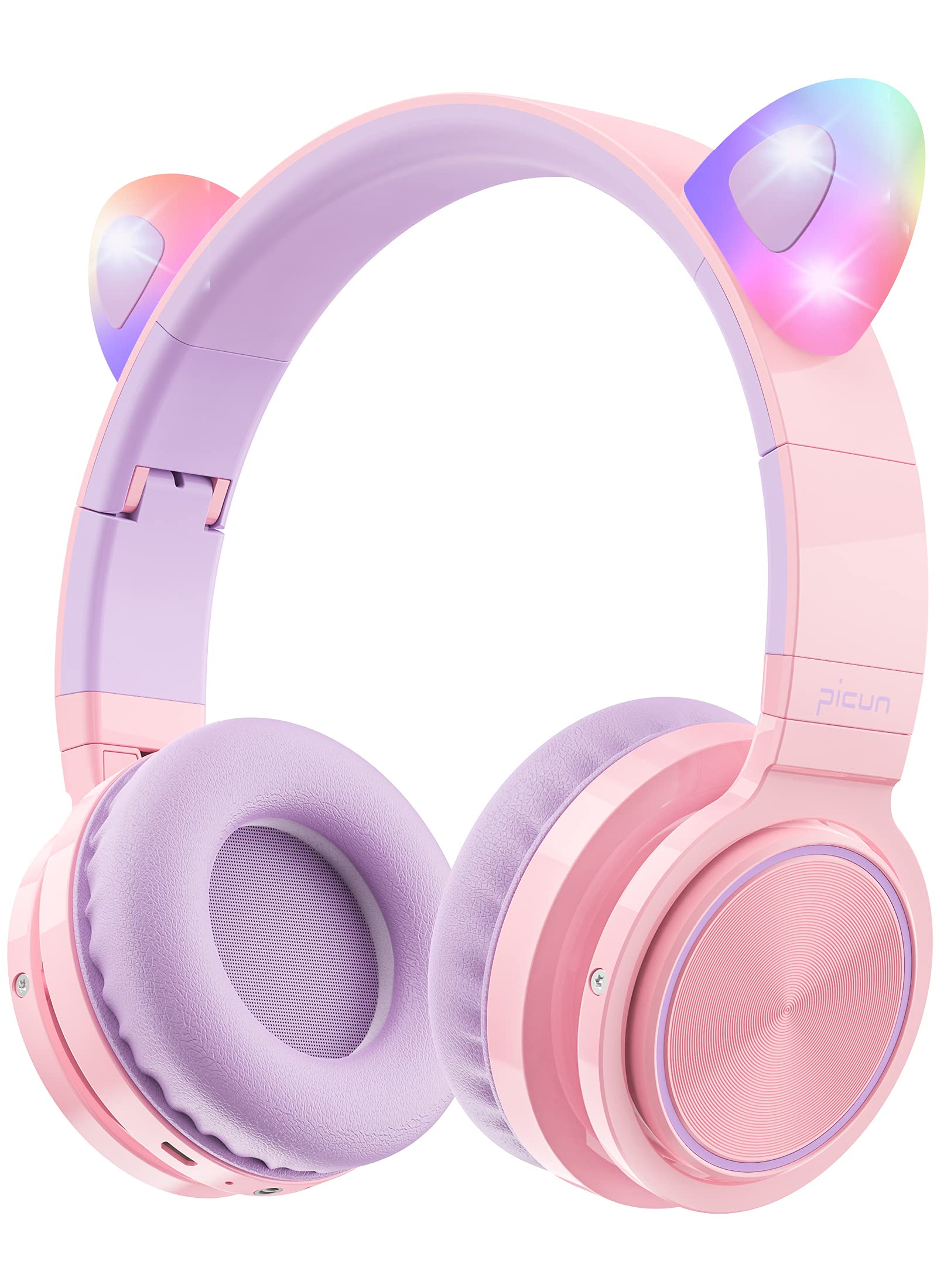 Picun Bluetooth Kids Headphones with Microphone, Cat Ear Wireless & Wired 85dB Volume Limited Multi-Function Girl Headphones, Built-in Flashing LED, Foldable for School Study Home Travel- Purple Pink
