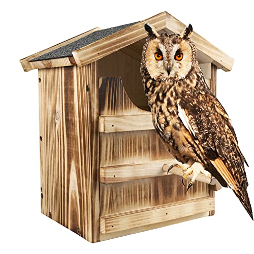 Honfenfa Owl House ,Barn Owl Bird House,Owl Nesting Box,Large Handmade Wooden Rectangular Opening Bird Box,with Mounting Screws,with Mounting Screws and A Bag of Wood Shavings, Easy Assembly Required