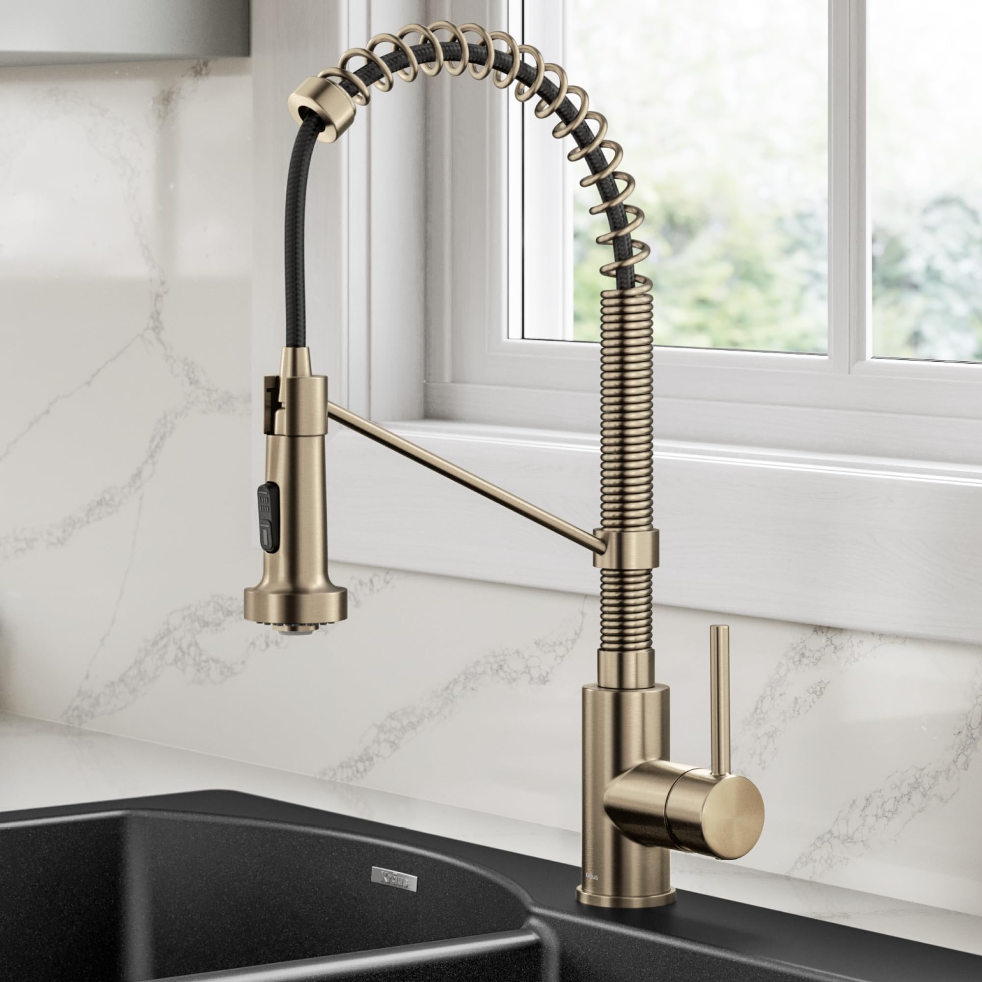 KRAUS Bolden Commercial Style 2-Function Single Handle Pull Down Kitchen Faucet in Spot-Free Antique Champagne Bronze, KPF-1610SFACB
