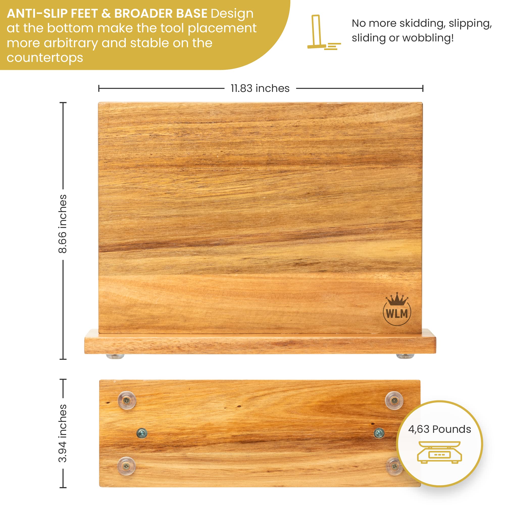WLM Magnetic Knife Holder - Fully Assembled 12x9 In. Double-Sided Magnetic Knife Block with Strong Magnets, Acacia Wood, Multifunctional Storage Rack