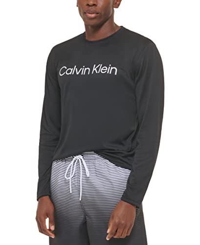 Calvin Klein Men's Standard Light Weight Quick Dry Long Sleeve 40+ UPF Protection Active Top, Black Logo, X-Large
