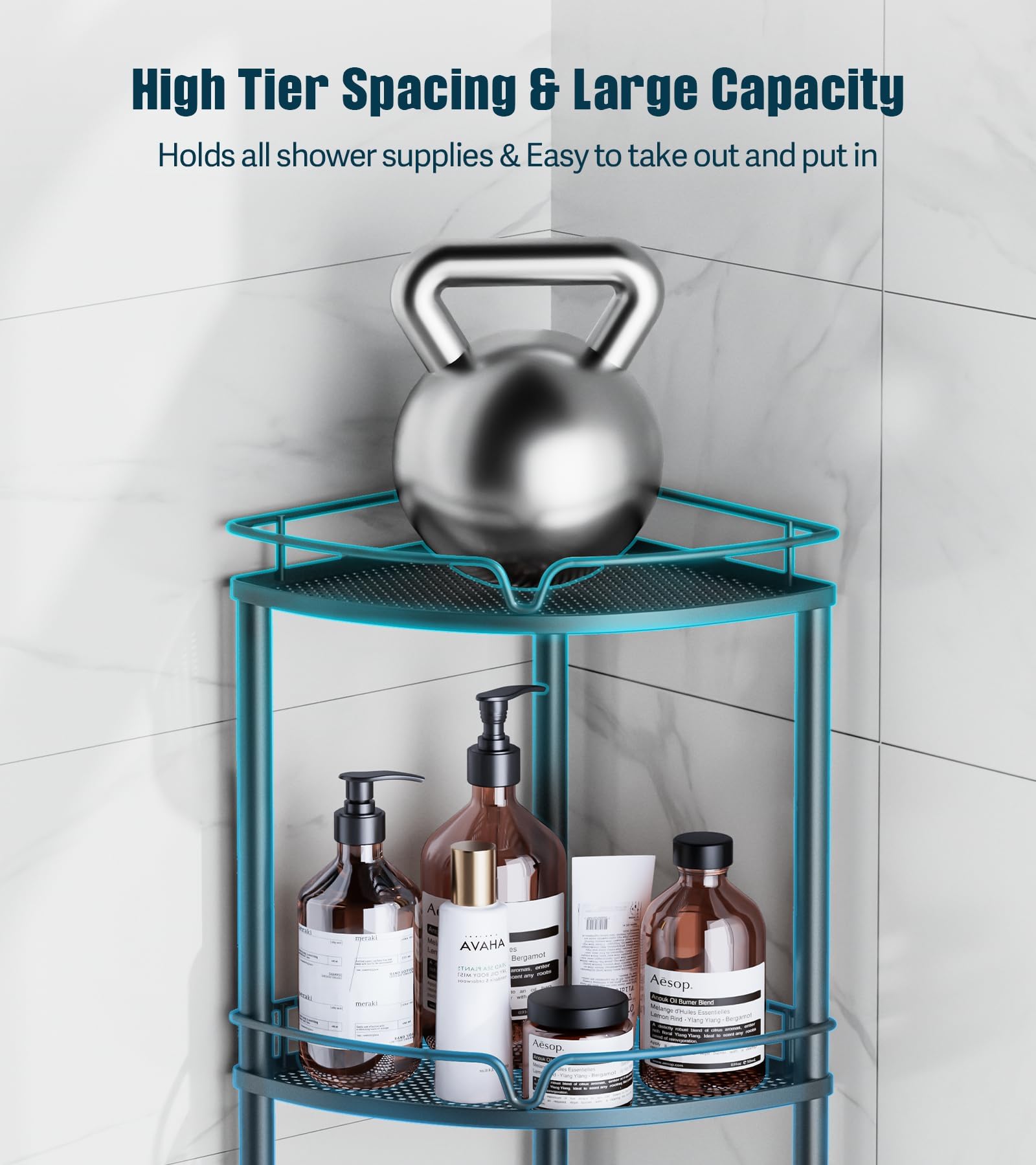 Corner Shower Caddy Free Standing, Stainless Steel Stand up Shower Organizer Shelf with Adjustable Feet, Floor Shower Storage Rack for Bathroom,Balcony Kitchen, 3 Tier Black