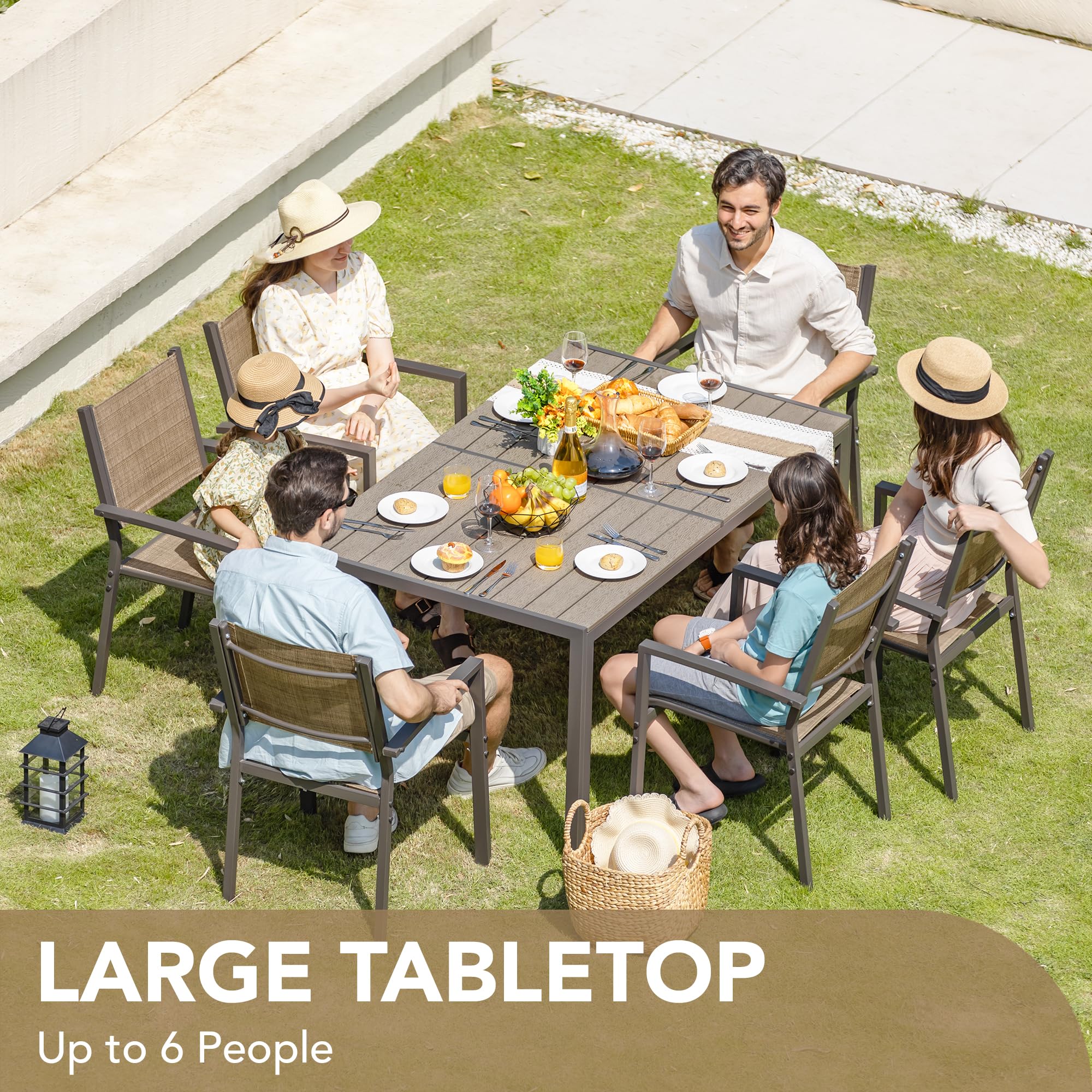 Devoko Patio Dining Set 7 Piece Outdoor Furniture with Rectangular Table and 6 Stackable Chairs Family Conversation Set for Garden Backyard Deck (Brown)