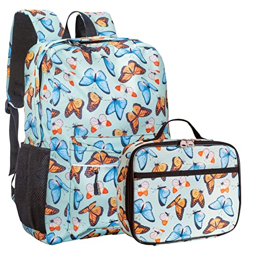 Fenrici Kids Backpack and Lunchbox Bundle for Girls, Boys, Teens (Green Butterfly)