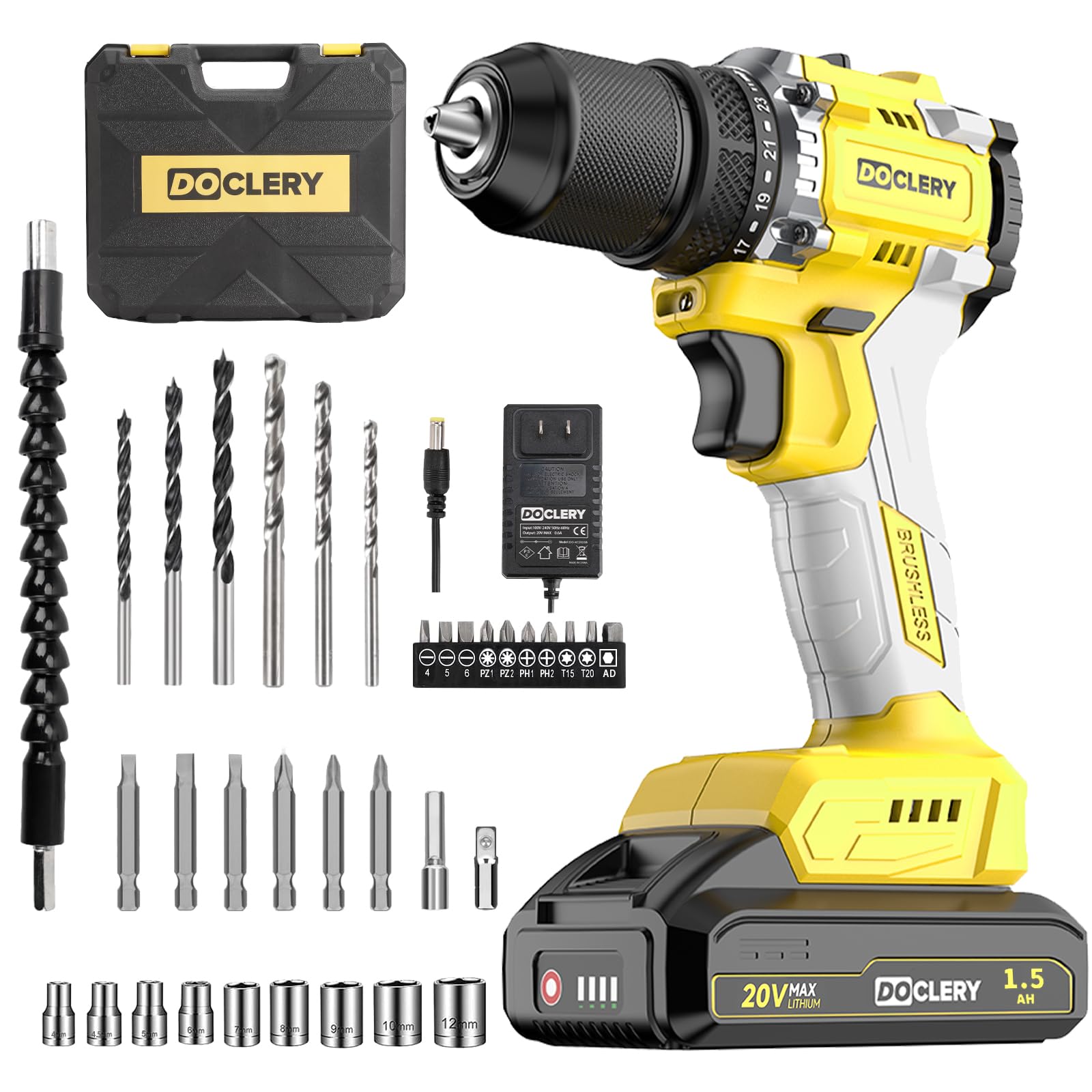 DOCLERY 20V Cordless Drill, Electric Power Drill Set with 1 Battery & Charger, 2 Variable Speed, 266 In-lbs Torque, 25+1 Position and 34pcs Drill/Driver Bits