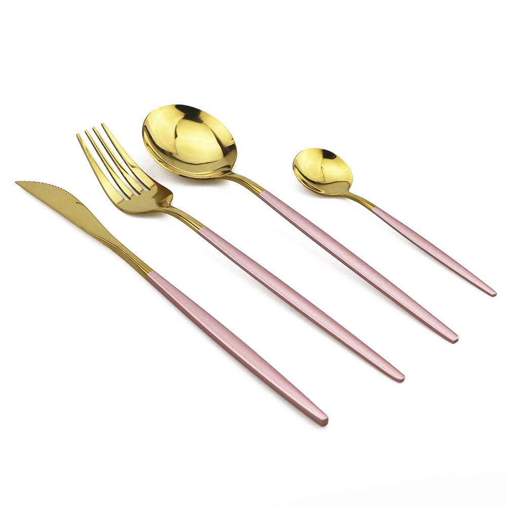 JANKNG 24-Piece Flatware Set, 18/0 Stainless Steel Knife Fork Spoon Teaspoon Silverware Set, Service for 6, Pink Handle Gold