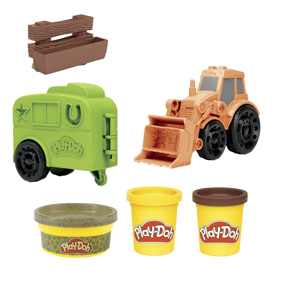 Play-Doh Wheels Tractor Farm Truck Toy for Kids 3 Years and Up with Horse Trailer Mold and 3 Cans of Non-Toxic Modeling Compound