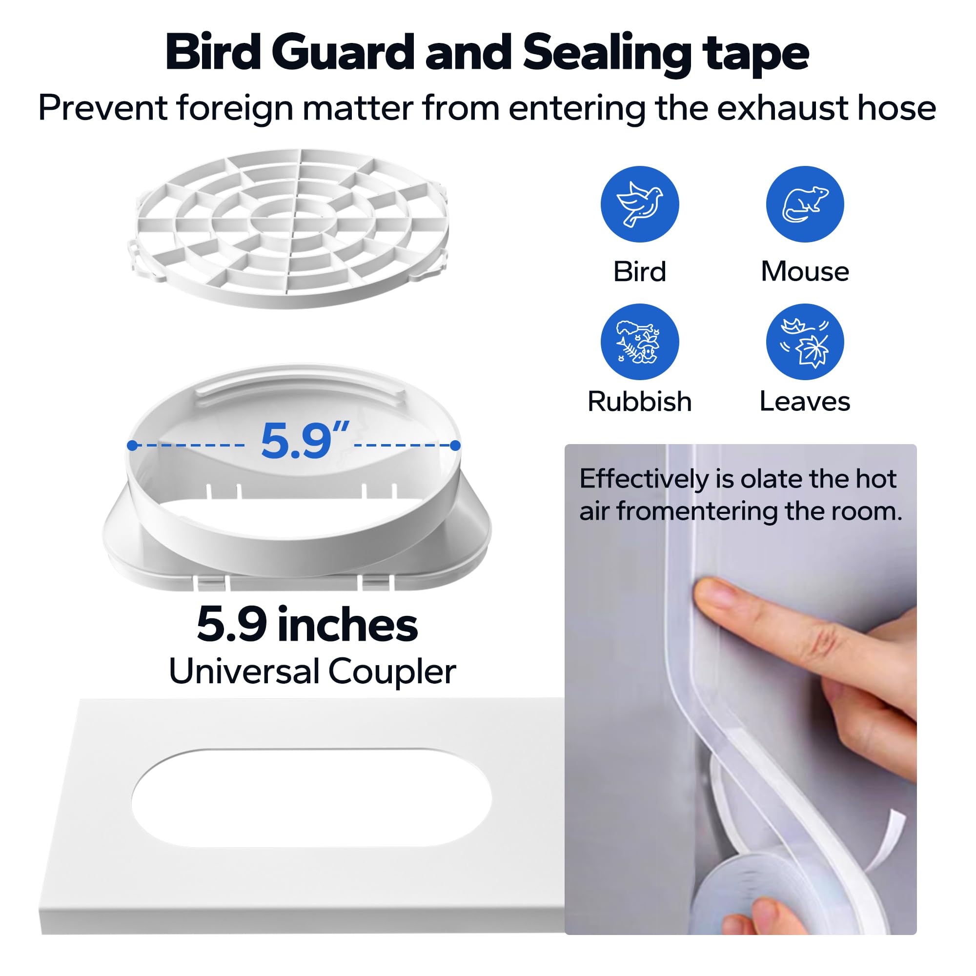 Cestluck Portable AC Window Vent Kit, with 5.9” Exhaust Hose, 5.9" Coupler and Bird Guard, Adjustable Air Conditioner Window Seal Kit Length Range (17” to 63”), Universal Sliding AC Vent Kit