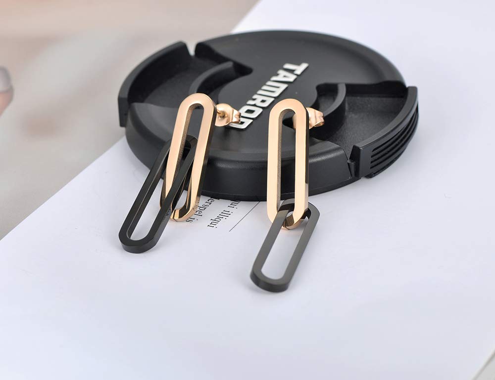 BOBOTUU Black Geometric Earrings for Women, Stainless Steel Hypoallergenic Statement Handmade Dangle Earrings, Trendy Rose Gold Chunky Dainty Women's Drop Earrings