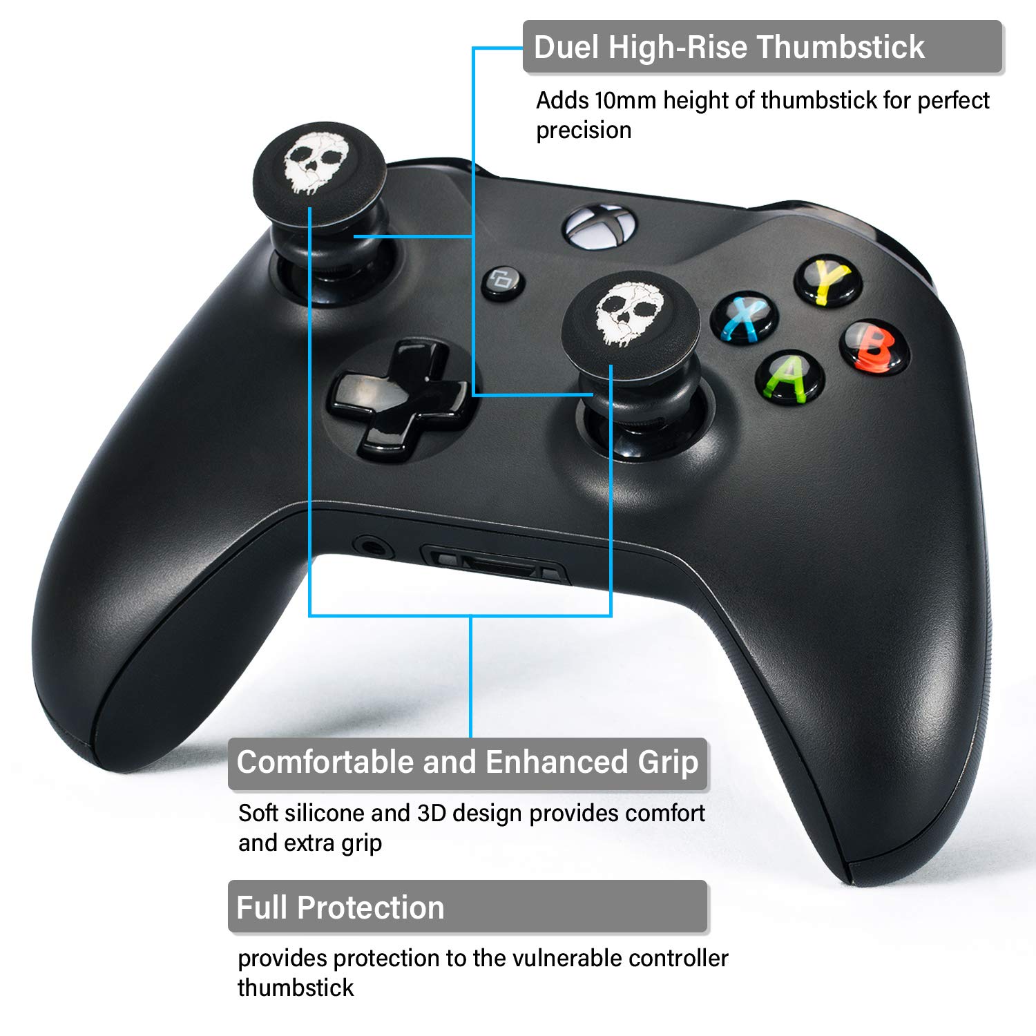 Playrealm FPS Thumbstick Extender & Printing Rubber Silicone Grip Cover 2 Sets for Xbox Series X/S & Xbox One Controller(Ghost)