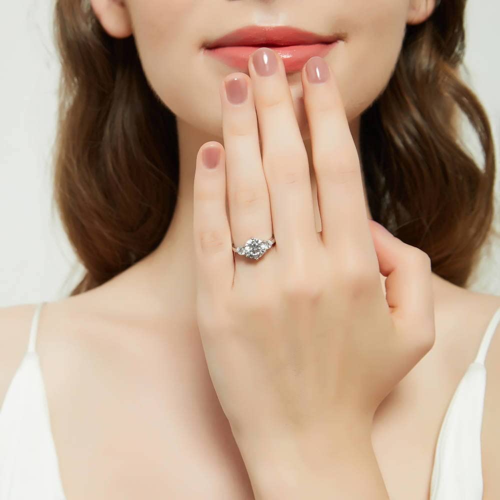 BERRICLE Sterling Silver 3-Stone Wedding Engagement Rings Round Cubic Zirconia CZ Ring for Women, Rhodium Plated Size 5.5