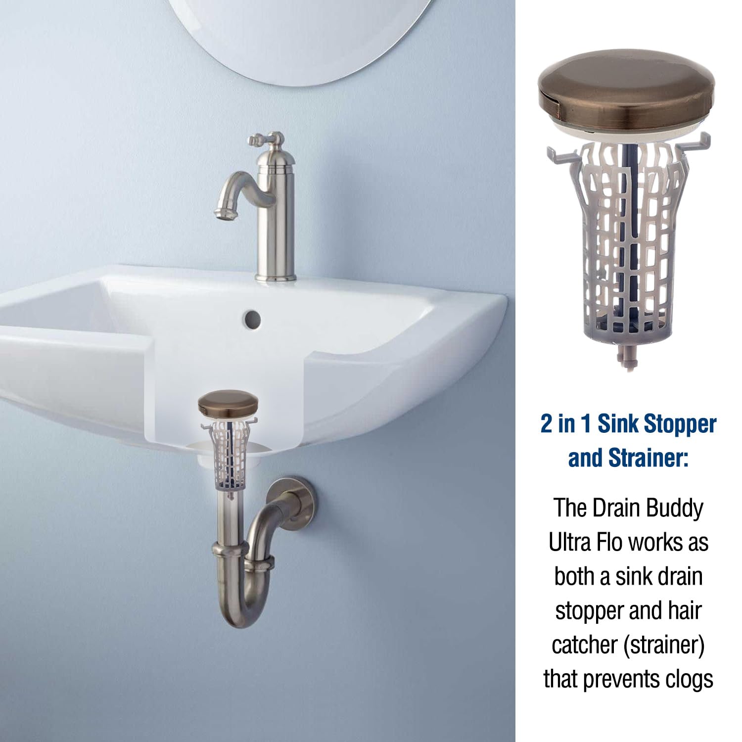 Drain Buddy Ultra Flo- 2 in 1 Bathroom Sink Stopper & Hair Catcher W/Patented Pull Clean Technology! | Fits 1.25” Sink Drains, Clog Preventing | Oil Rubbed Bronze Metal Cap / 1 Replacement Basket
