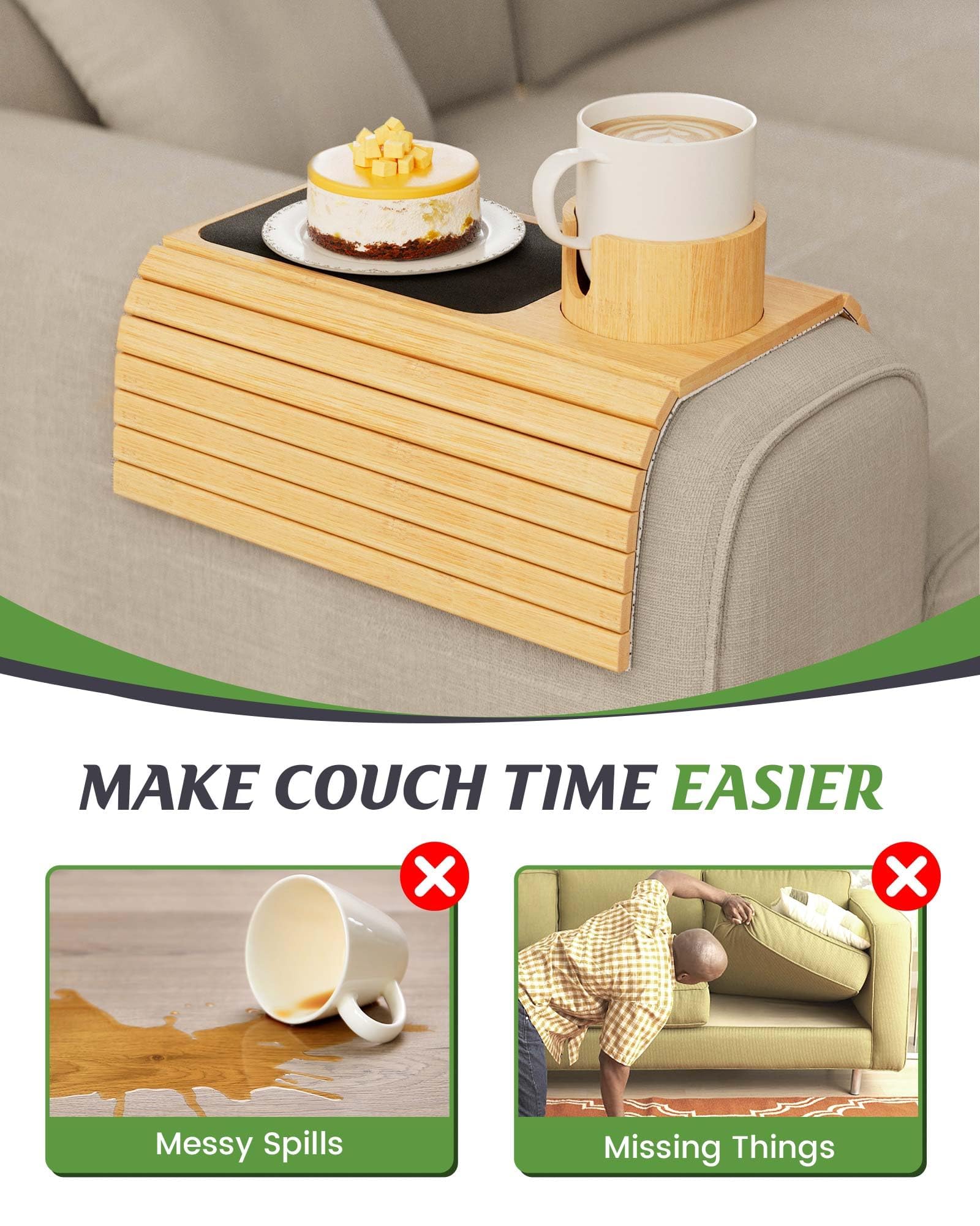 BS-VOG Couch Cup Holder, Bamboo Couch Arm Tray with 360° Rotating Drink Holder, Foldable Anti-slip Couch Arm Table, Sofa Armrest Tray Clip on Wide Couches for Eating, Snacks, Remote, No Installation