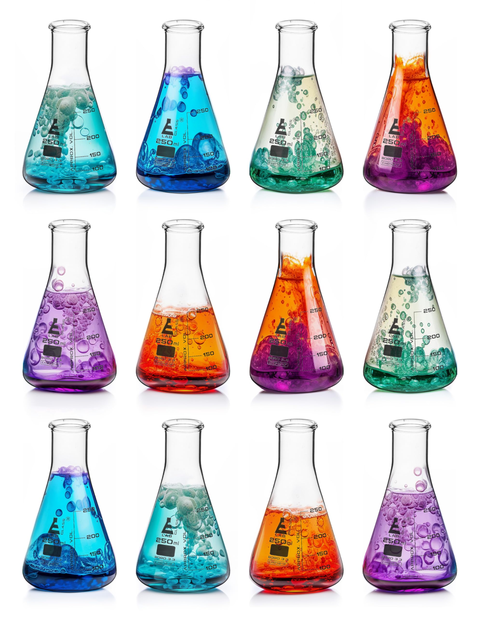 EISCO 12PK Erlenmeyer Flasks, 250mL - Borosilicate Glass - Narrow Neck Flasks, Conical Flasks, Glass Flasks