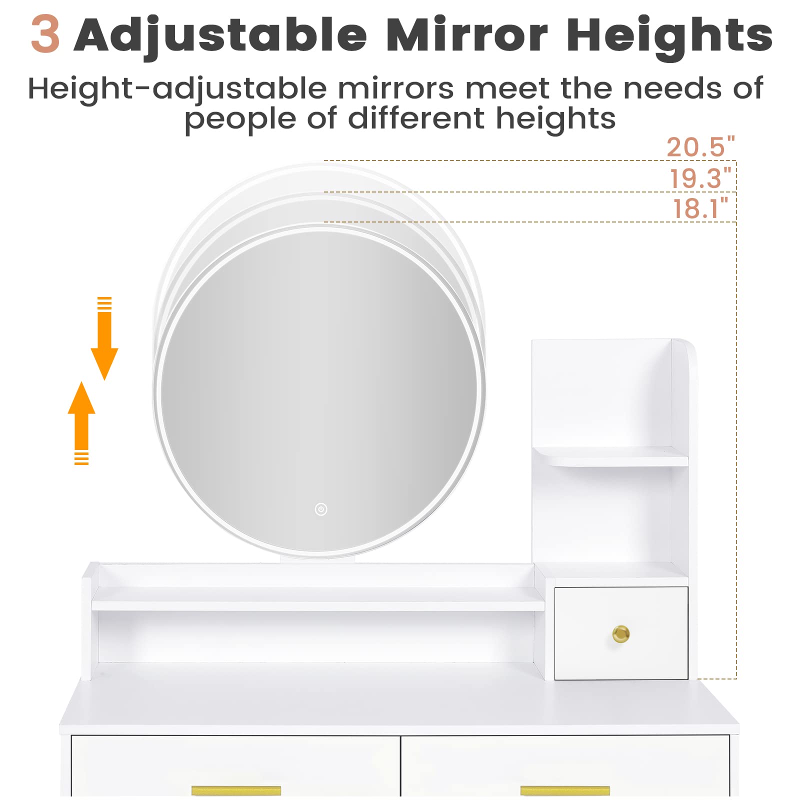 BTHFST Makeup Vanity with Lights and Charging Station, White Vanity Desk with Round Mirror and Lights, Vanity Table with Drawers and Shelves, Makeup Table with Touch Screen Mirror and Nightstand