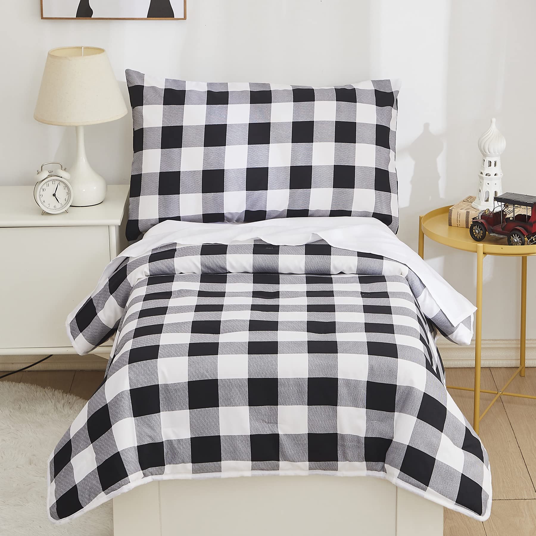 Brandrean Black and White Buffalo Check Toddler Bedding Sets for Boys or Girls, Plaid Bed-in-a-Bag Cotton Comforter Set, 4-Piece Includes Top Flat Sheet, Fitted Sheet, Comforter, Envelope Pillowcase