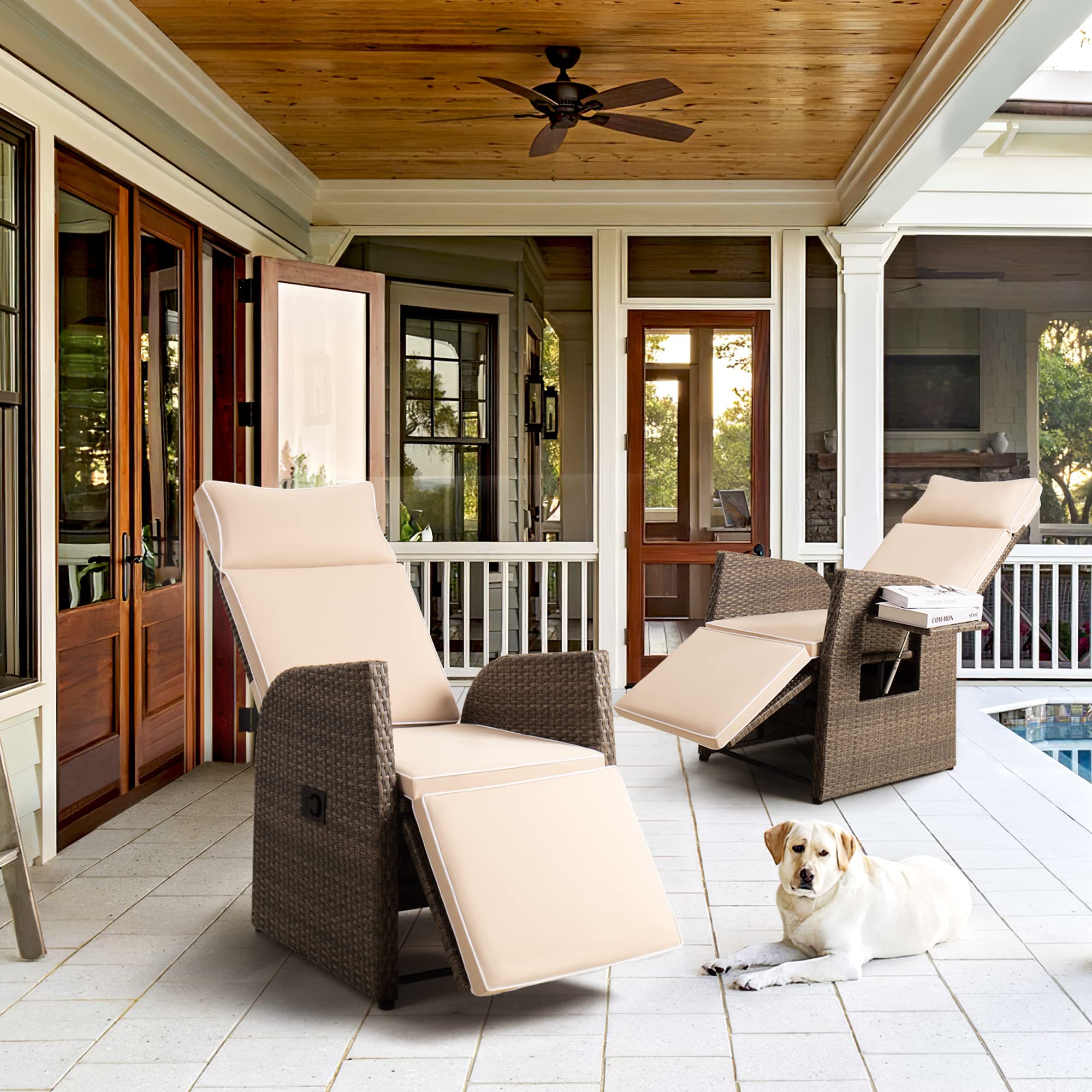 Devoko Outdoor Indoor Recliner Chair 2 Pieces Adjustable PE Wicker Patio Reclining Lounge Chair Lawn Furniture for Backyard, Lawn