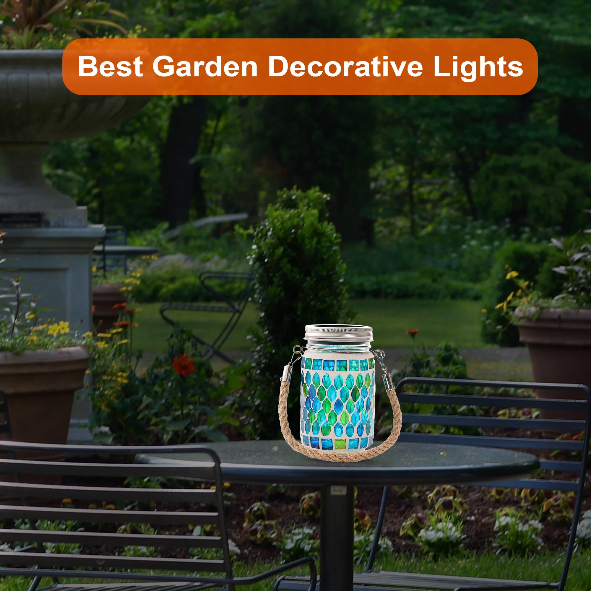 Cooo Solar Lanterns Outdoor Waterproof Jar Lights Solar Powered Table Hanging Garden Backyard Decor Lamps (Bohemian Bule Mosaic, 2)