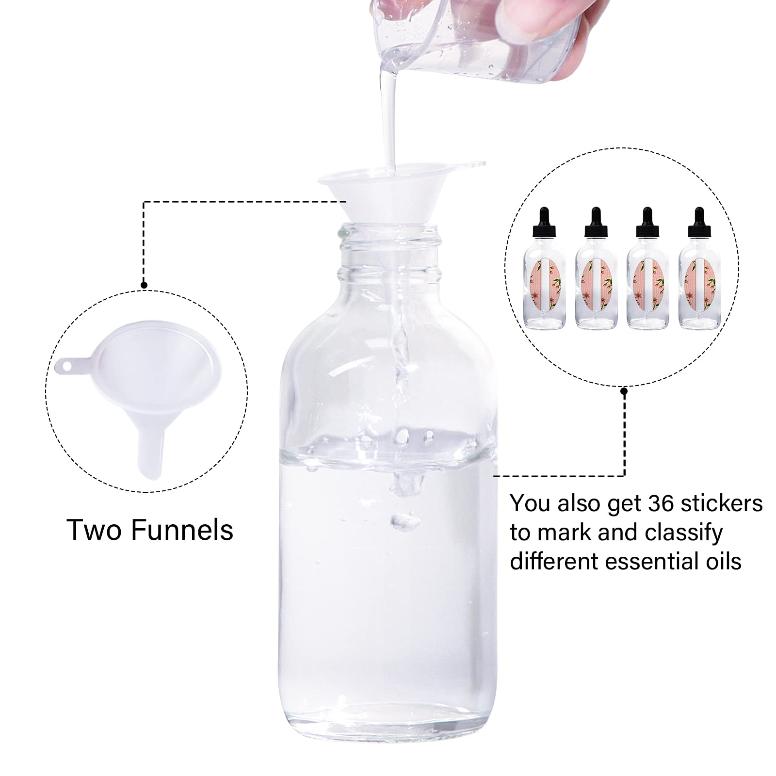 HWASHIN 24 Pack 4oz Clear Glass Bottles with Glass Eye Droppers for Essential Oils, Perfumes & Lab Chemicals (2 Brushes, 2 Funnels, 2 Extra Droppers, 36 Pieces Labels & 30ml Measuring Cup Included)