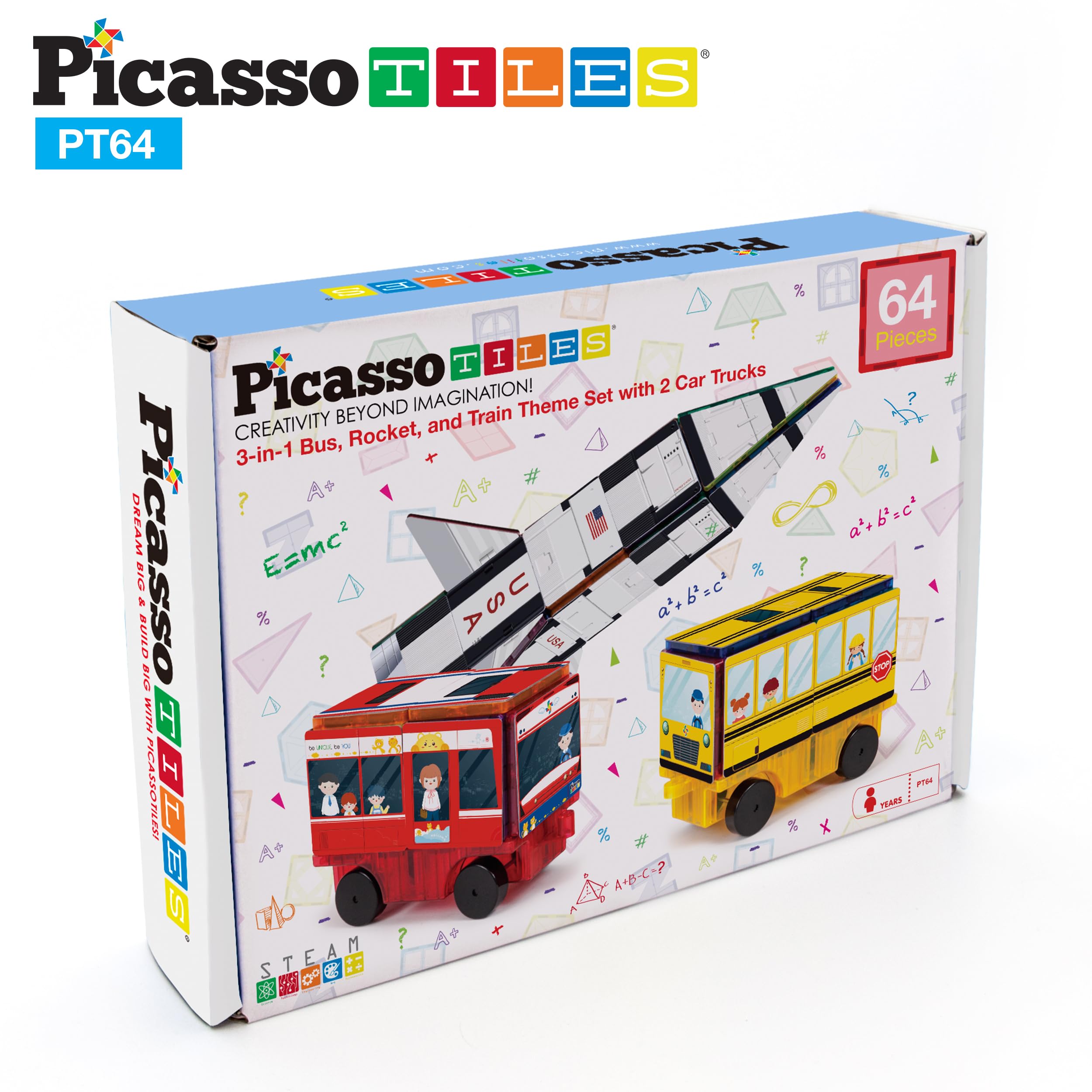 PicassoTiles Magnet Building Blocks STEM Learning Construction Toy Set Early Education Kit 3-in-1 Rocket, School Bus, Train Theme Stick-On Puzzle Pretend Play Magnetic Tiles Kids Building Block Toys
