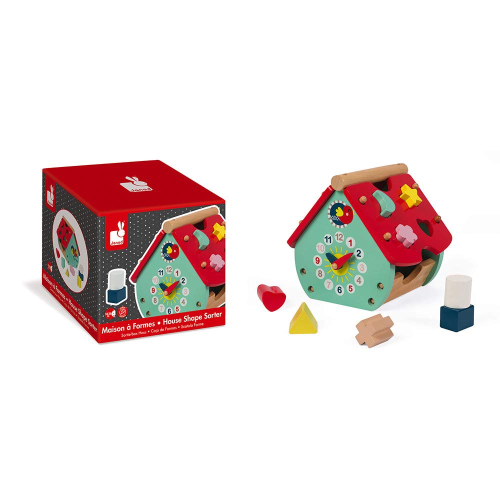 Janod Baby Forest House 2-in-1 Shape Sorter and Tell Time Clock - Ages 18 Months+ - J08008