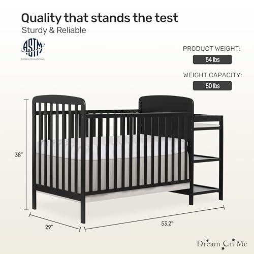 Dream On Me Anna 3-in-1 Full-Size Crib and Changing Table Combo in Black, Greenguard Gold Certified, Non-Toxic Finishes, Includes 1" Changing Pad, Wooden Nursery Furniture