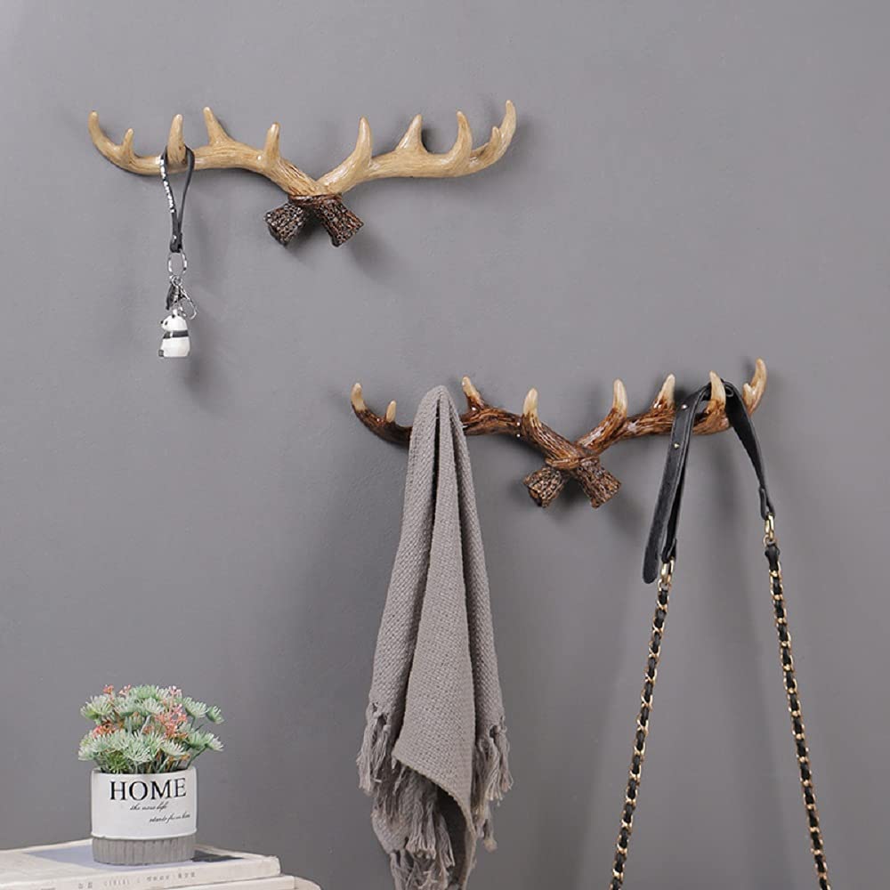 HY&GH Antlers Hook Wall Hooks/Hanger,Towel Hooks,Animal Shaped Hook,Resin Material Wall Home Decor,Deer Antler Holder 15.7" Long, 4.7" Tall and 1.57" deep 10 Hooks