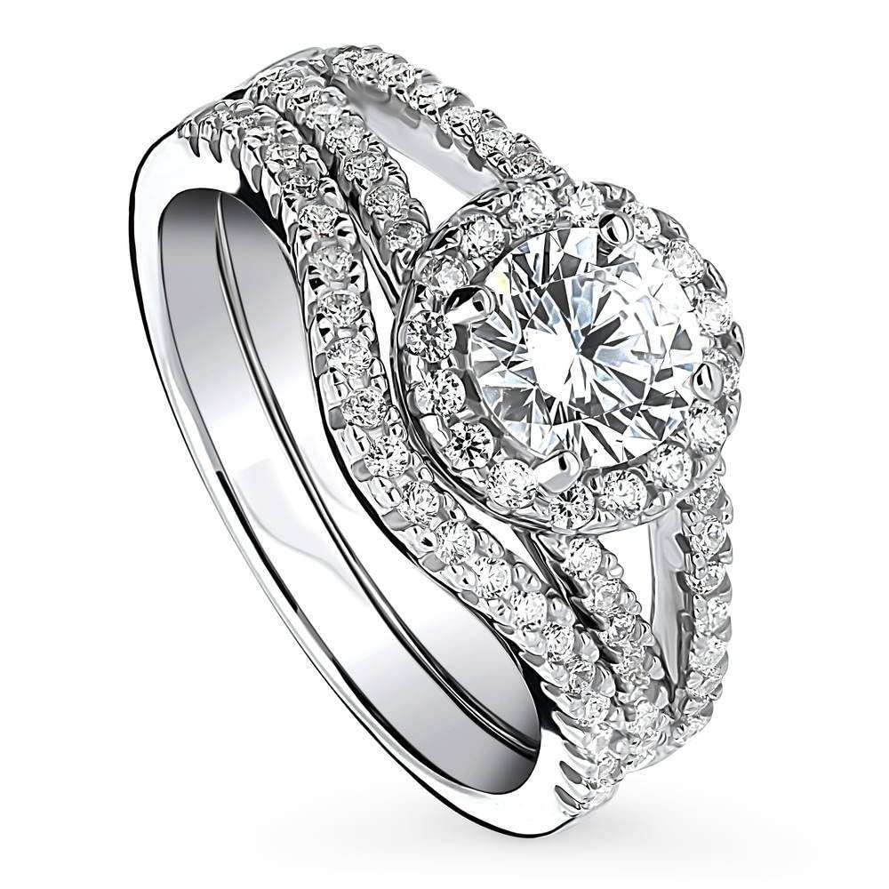 BERRICLE Sterling Silver Halo Wedding Engagement Rings Round Cubic Zirconia CZ Split Shank Ring Set for Women, Rhodium Plated Size 8