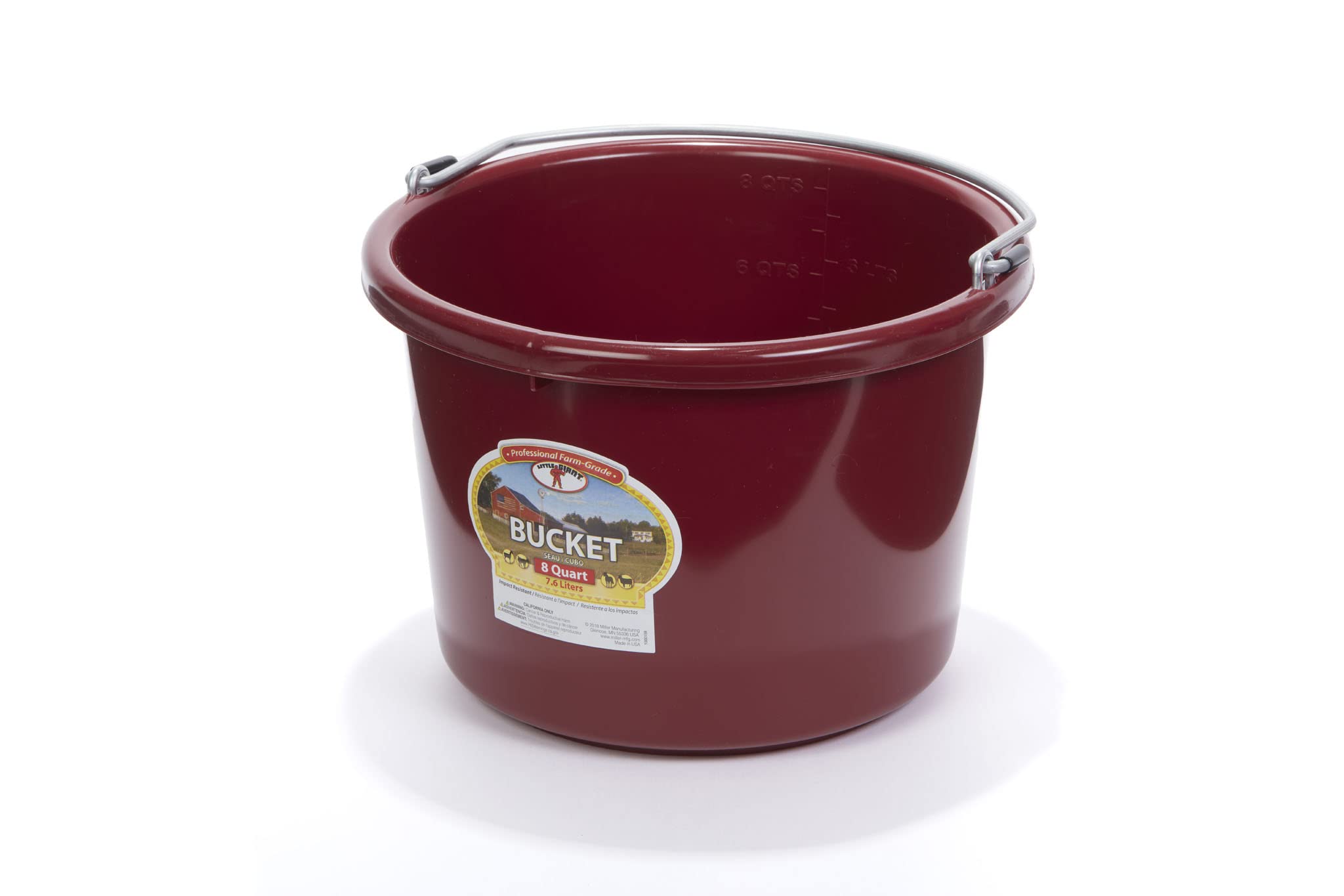 Little Giant® Plastic Animal Feed Bucket | Round Plastic Feed Bucket with Metal Handle | Made in USA | 8 Quarts | Burgundy
