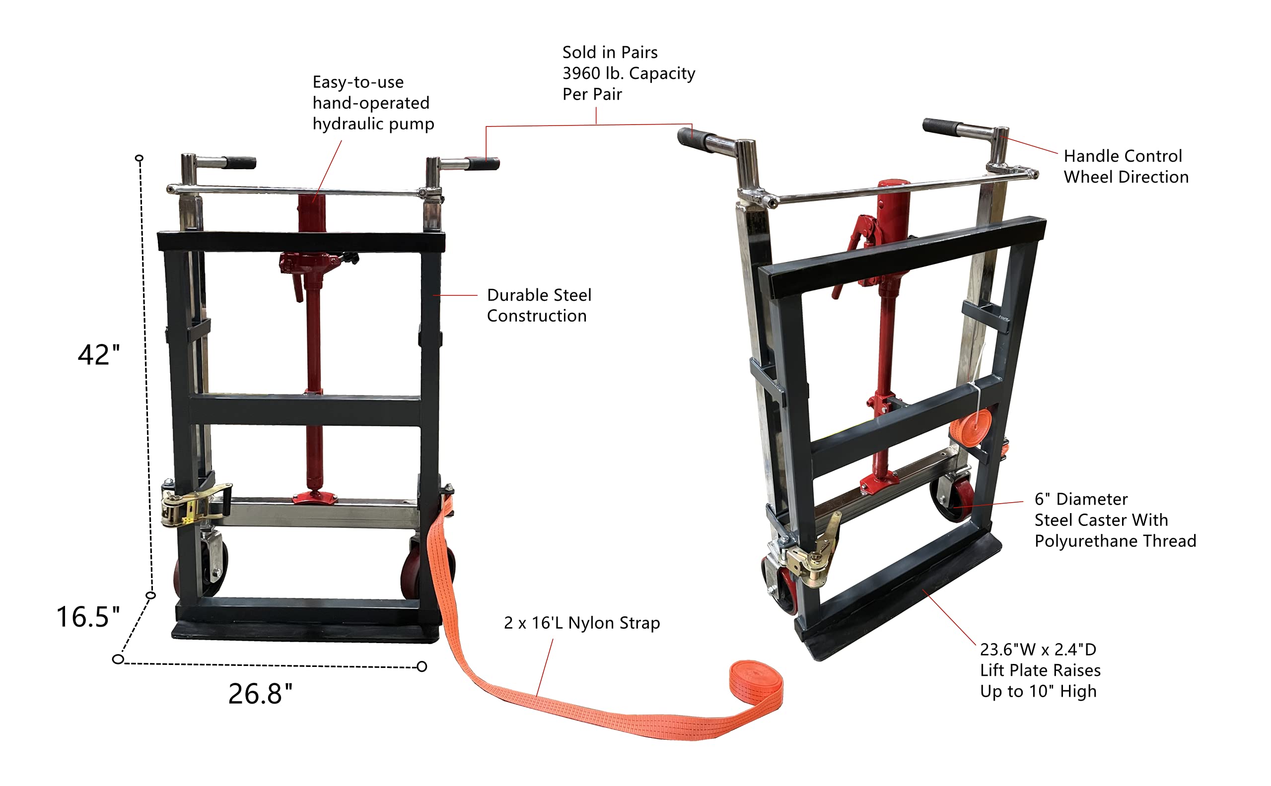 Hydraulic Furniture Mover Equipment Mover Crate Mover (Set of 2),Heavy Duty Moving Dolly, 3960 lbs Capacity, Pake Handling Tools (Regular Handle)