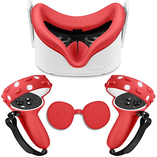 FINPAC Protective Cover Sleeve for Quest 2 Gaming VR Headset, Silicone Sweatproof Face Cover + Lens Cap + Touch Controller Grip Cover Bundle for Virtual Reality Accessories (Red)