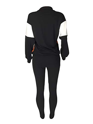 Bornpom Ladies Plus Size Tracksuit 2 Piece Jumpsuit Long Sleeve Half Zip Pullover Sweatshirt and Bodycon Pants Set Black XL