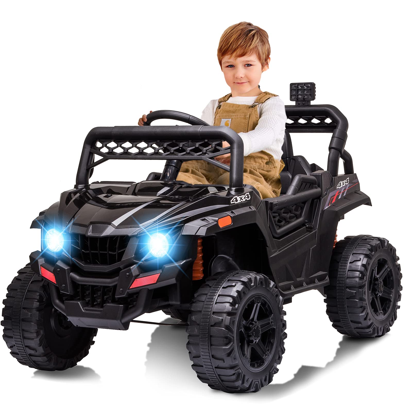 Nasitip 12V Kids Ride On Car Truck w/Parent Remote Control, Spring Suspension, LED Lights, AUX Port, Music (Black, no Tent)