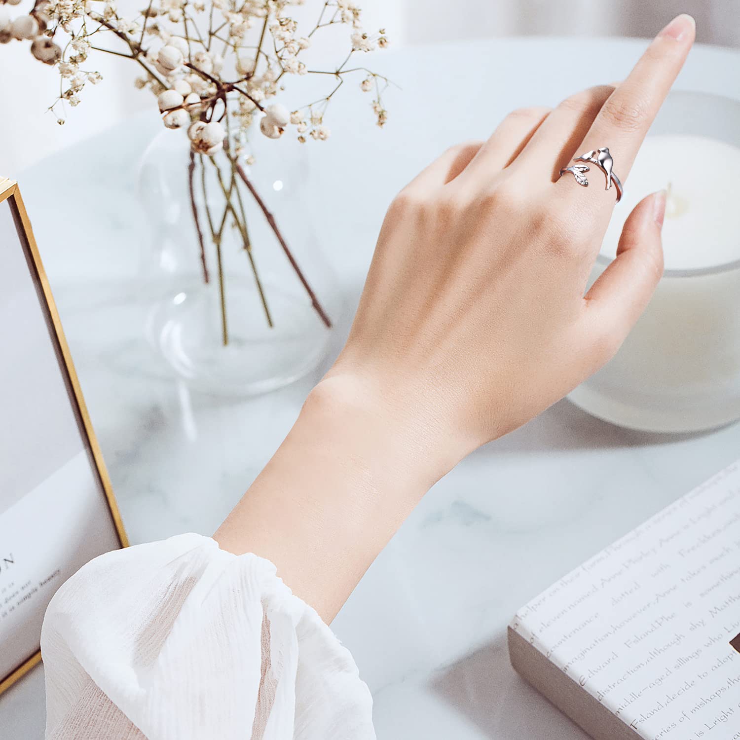 DAOCHONG Open Bird Ring 925 Sterling Silver 2 Birds on A Branch Animal Rings Jewelry Gift for Women