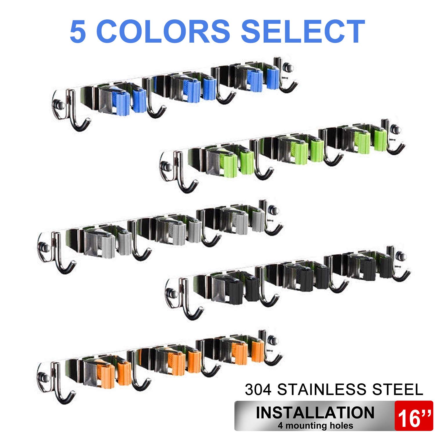 Broom Mop Hook Holder Wall Mount Installation-16inch, Organizer 304 Stainless Steel 3 Racks 4Hooksfor Home Bathroom Kitchen Garage Office Closet Garden Laundry Storage,Wall Mount Hooks 1pack Gray