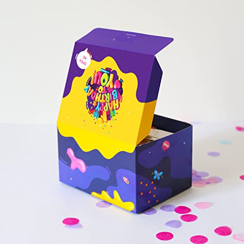 FETTIPOP Gift Box DIY (Premium Purple), Gift Box Exploding Confetti - Happy Birthday, Surprise Prank Box Pop Up 7.2x5.5x4.3 in.