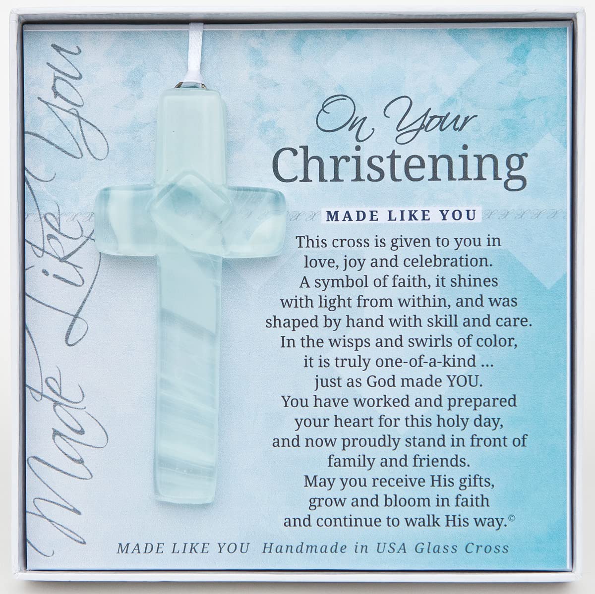 On Your Christening, Beautiful Baby Aqua/Clear Handmade Glass Cross Keepsake Gift