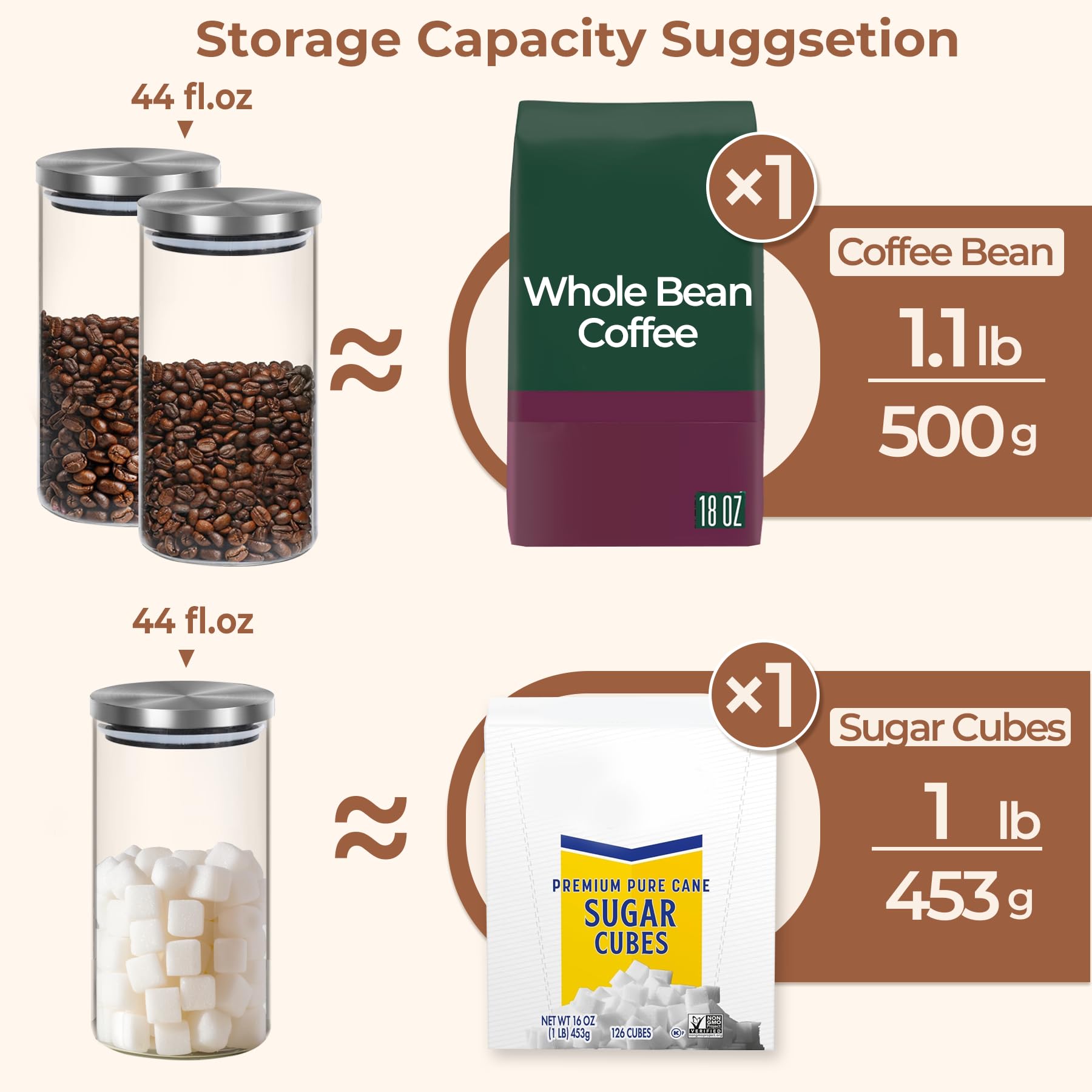 ComSaf Coffee Container for Ground Coffee, 44 OZ Coffee Canister with Stainless Lids, 2 PCS Glass Coffee Storage Container with Shelf, Coffee Bean Storage Jars with Metal Scoop Coffee Bar Accessories