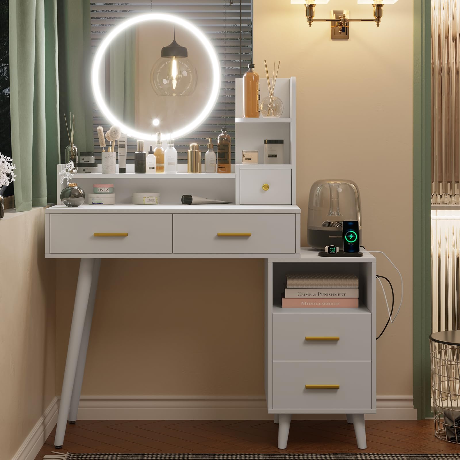 BTHFST Makeup Vanity with Lights and Charging Station, White Vanity Desk with Round Mirror and Lights, Vanity Table with Drawers and Shelves, Makeup Table with Touch Screen Mirror and Nightstand