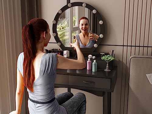 ISHARINGTIME Vanity Table, Vanity Desk with Lighted Mirror, 4 Drawers Makeup Table with Soft Cushioned Stool for Bedroom Studio (Black) TYVT010BK