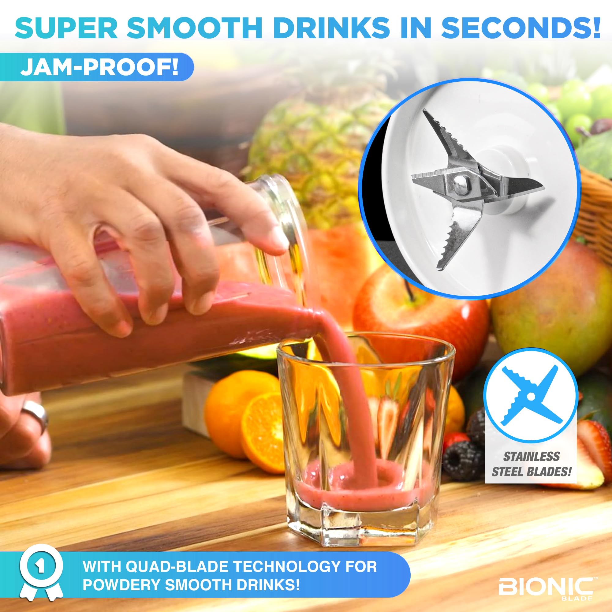 Bionic Blade Personal Blender 26.5 oz, with Extra Shaker and Lid, Cordless, Air Tight, Rechargeable 18,000 RPM Portable Blender for Shakes, Smoothies, Juice and Sauces 8.6”
