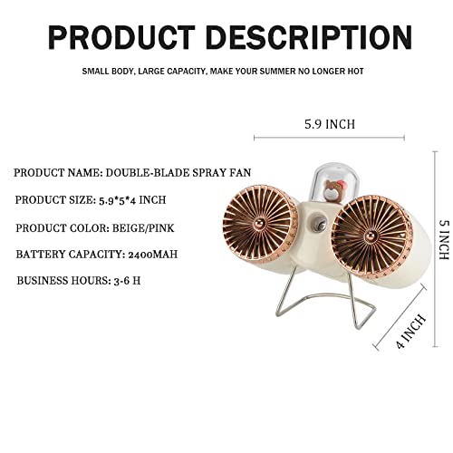 Mini Portable Fan, Dual Head with 3 Speeds Strong Wind, Personal USB Air Conditioner Humidifier Mini Cooling Fan 7 Colorful Nightlight for Home Travel,Office,and Camping, Outdoor(Beige)
