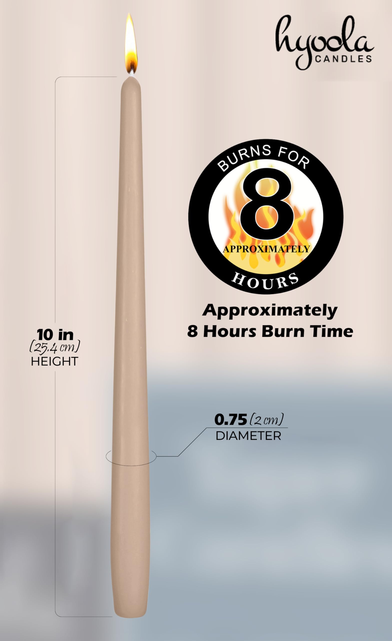 Hyoola 12 Pack Tall Taper Candles - 10 Inch Sahara Beige Dripless, Unscented Dinner Candle - Paraffin Wax with Cotton Wicks - 8 Hour Burn Time