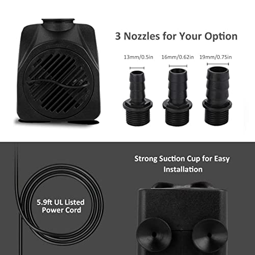 GROWNEER 550GPH Submersible Pump 30W Ultra Quiet Fountain Water Pump, 2000L/H, with 7.2ft High Lift, 3 Nozzles for Aquarium, Fish Tank, Pond, Hydroponics, Statuary Black